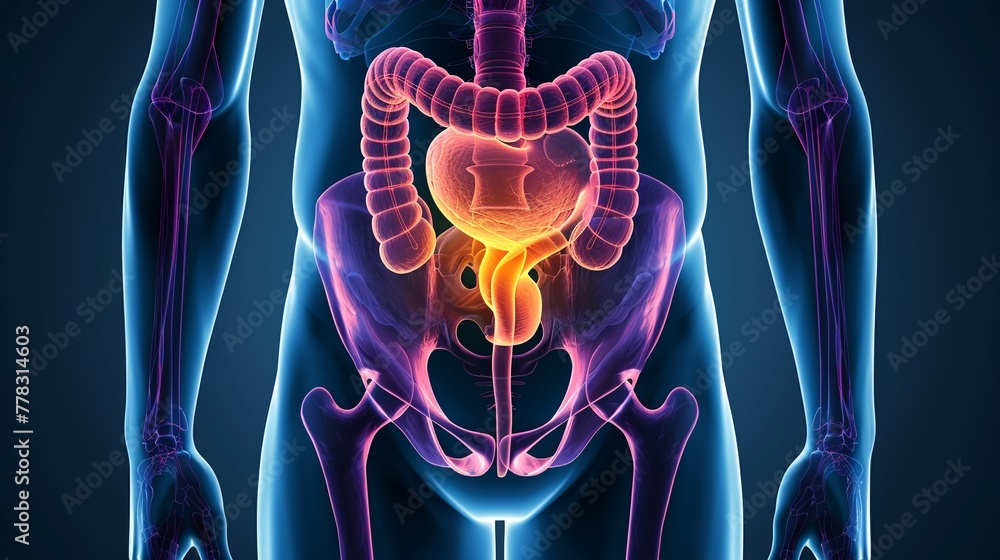 Crosssectional view illustration of a man, highlighting the bladder and ...