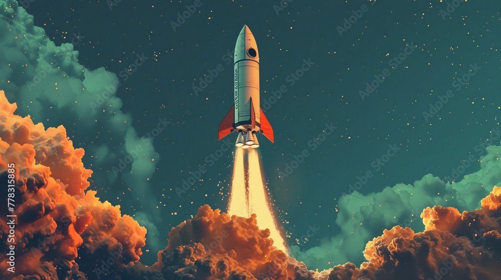 Illustration of a rocketship blasting off into the sky, fiery exhaust ...