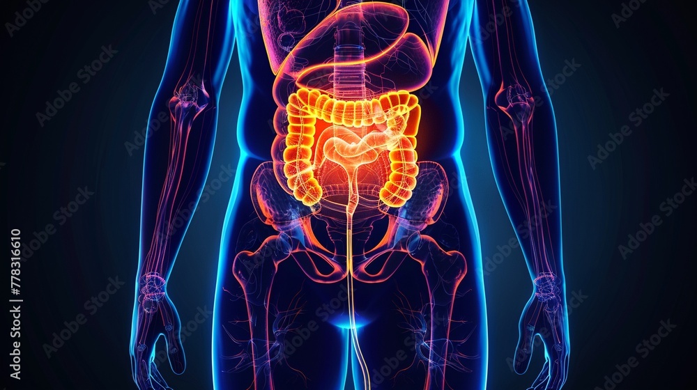 Schematic illustration of a mans lower abdomen, focusing on the bladder ...