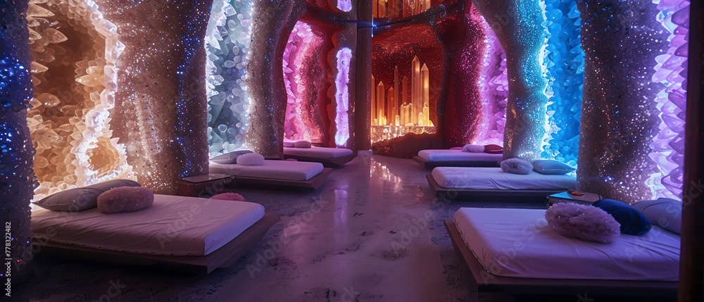 A crystal healing chamber where advanced technology amplifies the ...