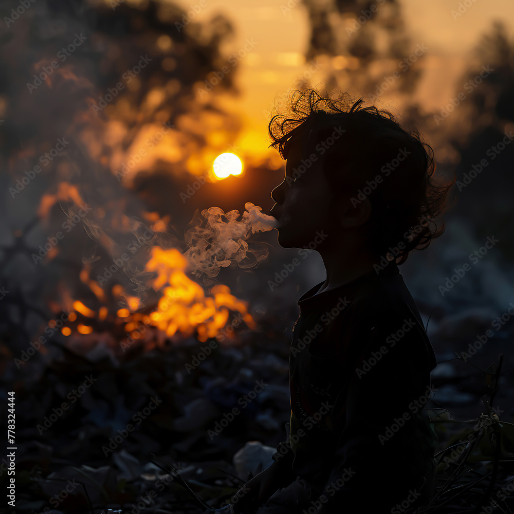 Smoke from burning trash swirls into the silhouette of a coughing child ...