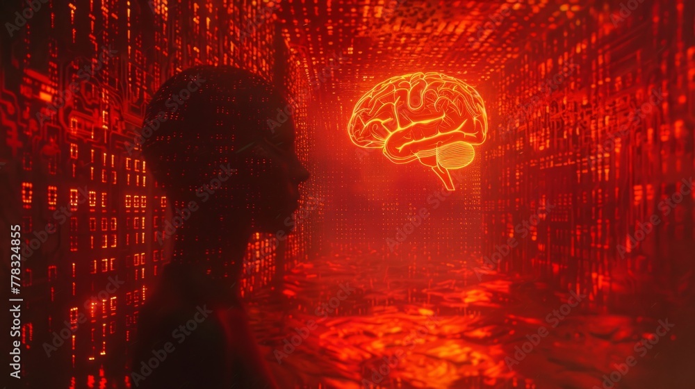 a visual journey starting from the dense, digital terrain of binary code and AI elements that ...