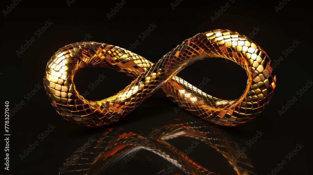 The twisted loop infinity symbol is rendered in 3D with a shiny golden ...