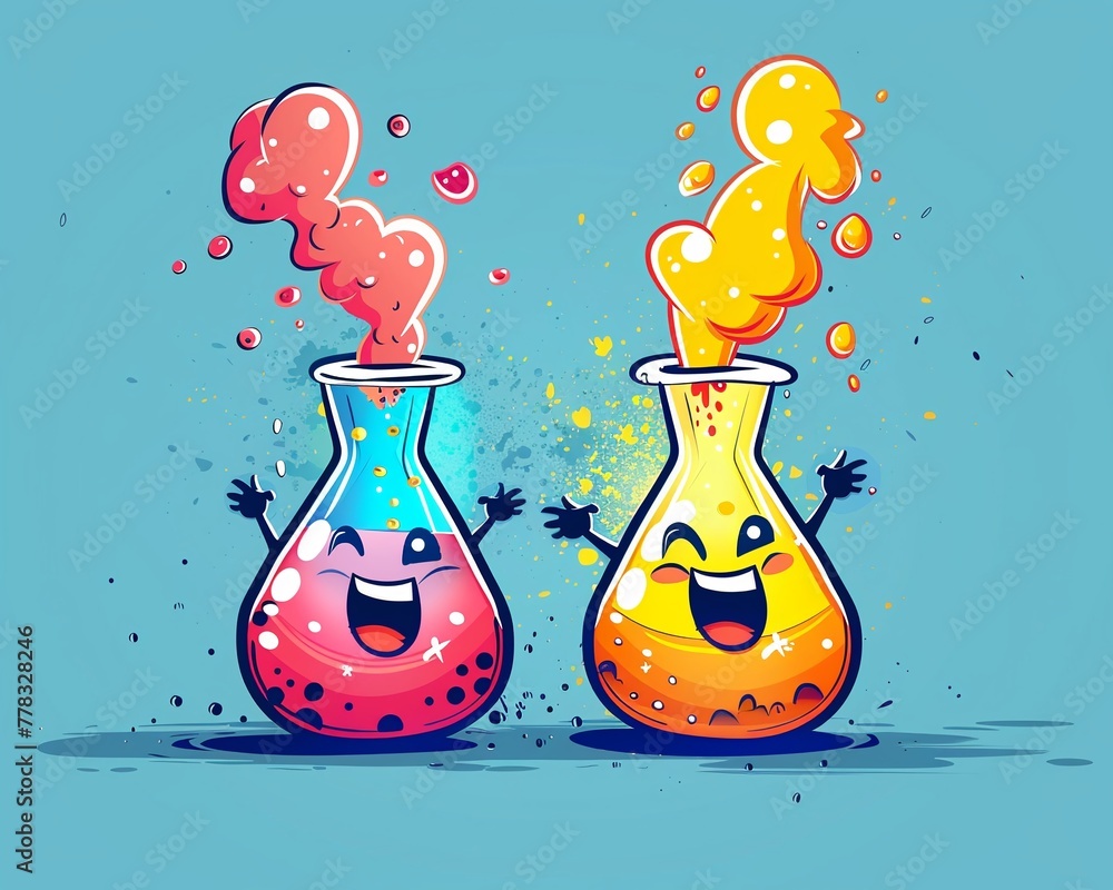 Lively cartoon chemical reaction, two substances combining with a pop ...