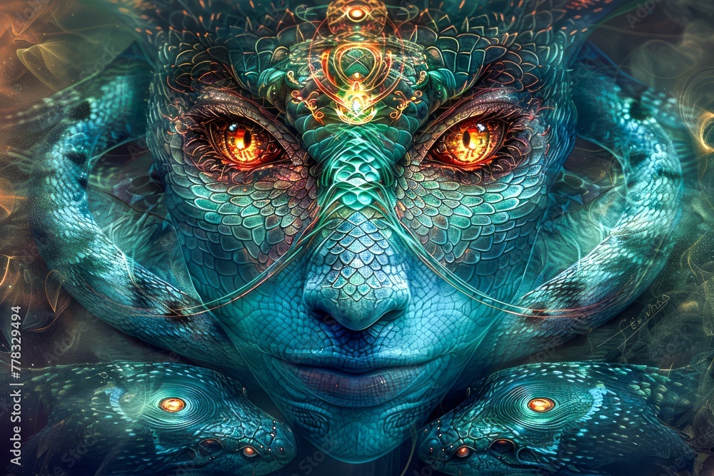 Mystical Alien Creature with Intricate Blue Skin and Piercing Eyes in a ...