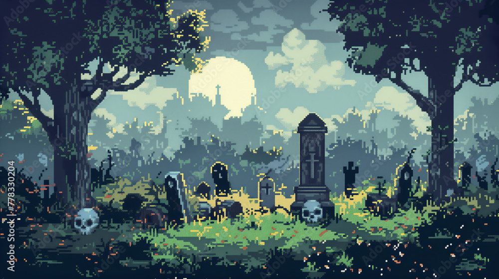 pixel art of grave with skull dungeon background battle scene in RPG ...