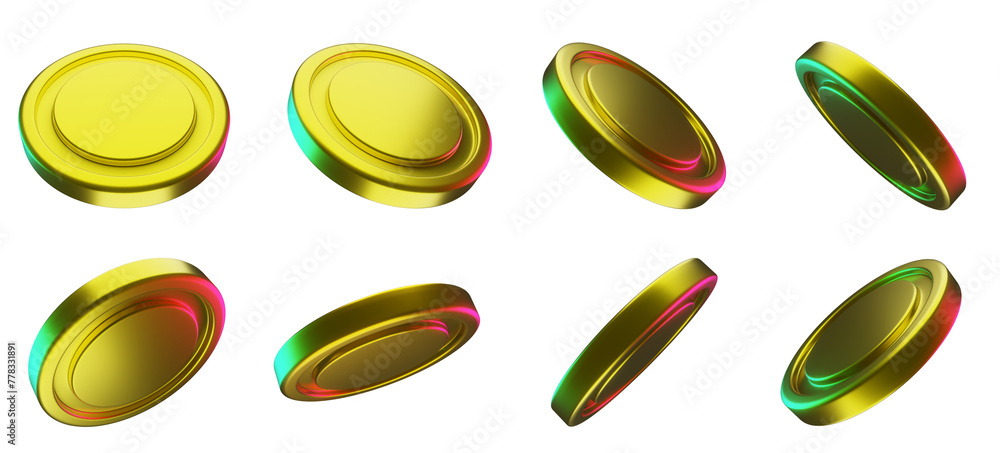 3D Golden coin set with shades of green and pink. Tick-tock colors ...