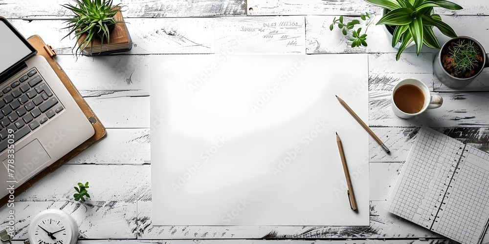 Drafting table with laptop stationery and greenery on a minimalist ...