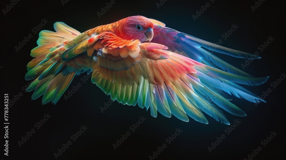 The dynamic beauty of a parrot in mid-flight, its wings fully spread ...
