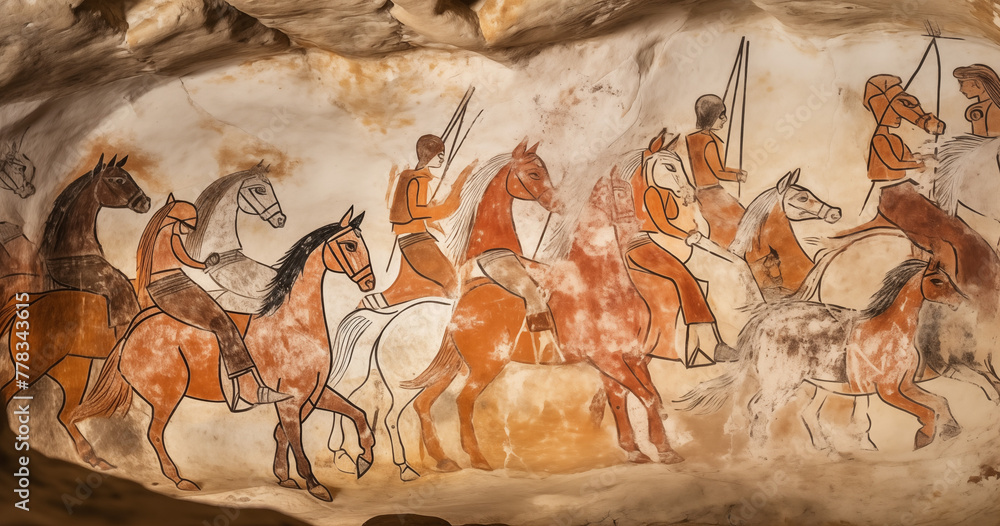 Depictions of ancient horses in prehistoric cave paintings. Stock Photo ...