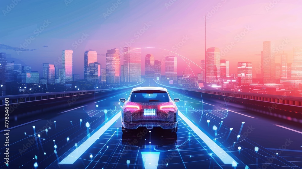 Autopilot mode self-driving car with futuristic graphics about GPS ...