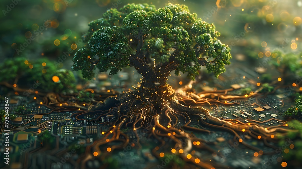 A conceptual artwork where a tree's roots and branches are depicted as ...