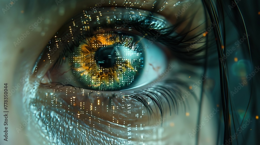 A futuristic depiction of a human eye, where the iris is composed of digital pixels and binary ...
