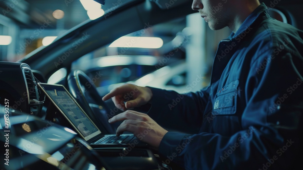 Auto mechanic using tablet computer to run diagnostics software while ...