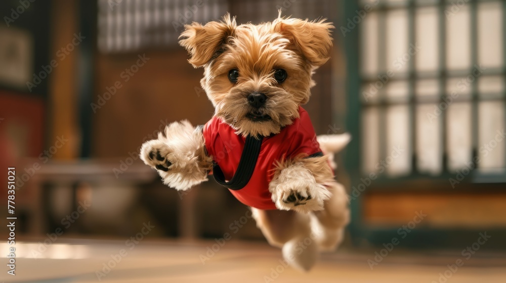 Adorable puppy in martial arts attire, mid-air kick, fierce yet cute ...