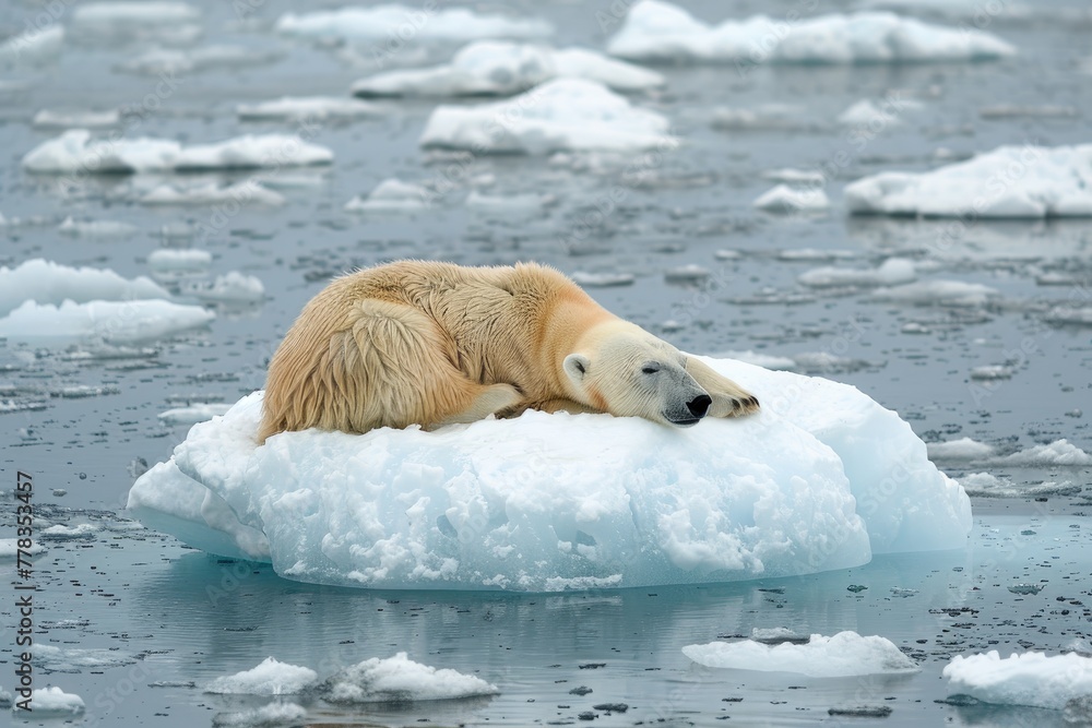 polar bear stranded on a shrinking ice floe symbolizing the loss of ...