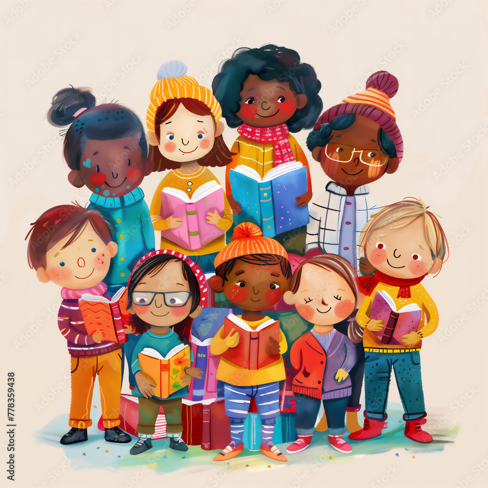 Cartoon of diverse children embracing the joy of learning through books ...