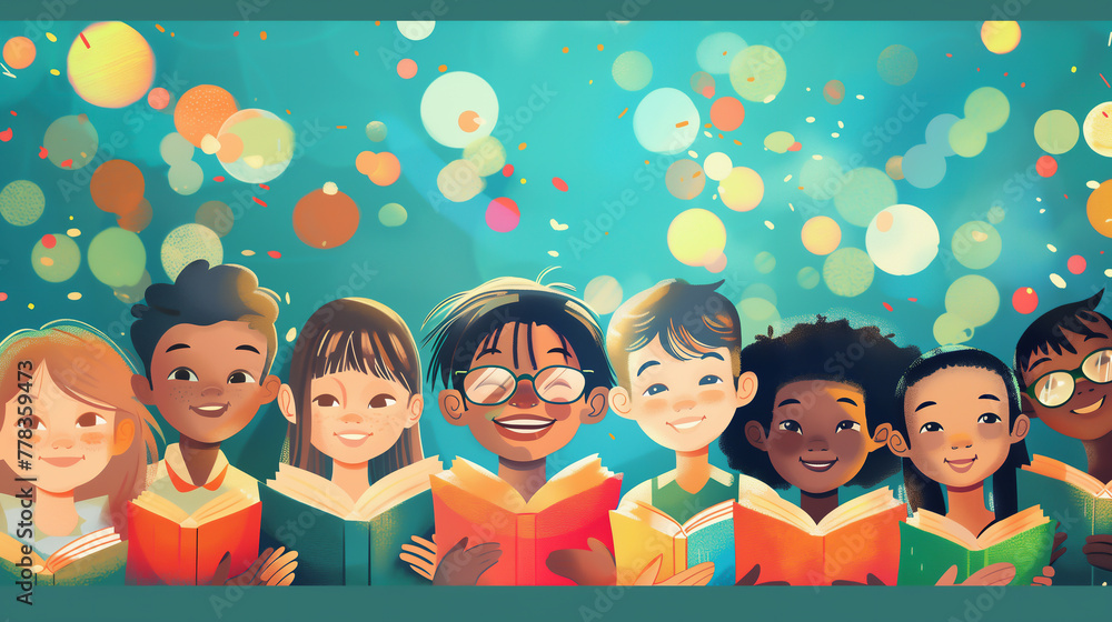 Cartoon of diverse children embracing the joy of learning through books ...