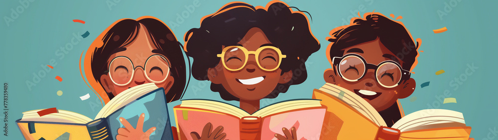 Cartoon of diverse children embracing the joy of learning through books ...