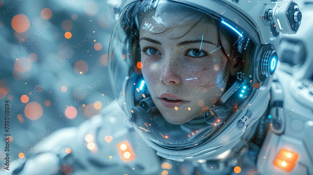 A flying robot or cyborg woman wearing a superhero iron suit. Sci-fi ...