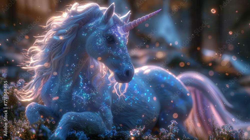 Majestic blue unicorn in a mystical forest - A fantasy depiction of a ...