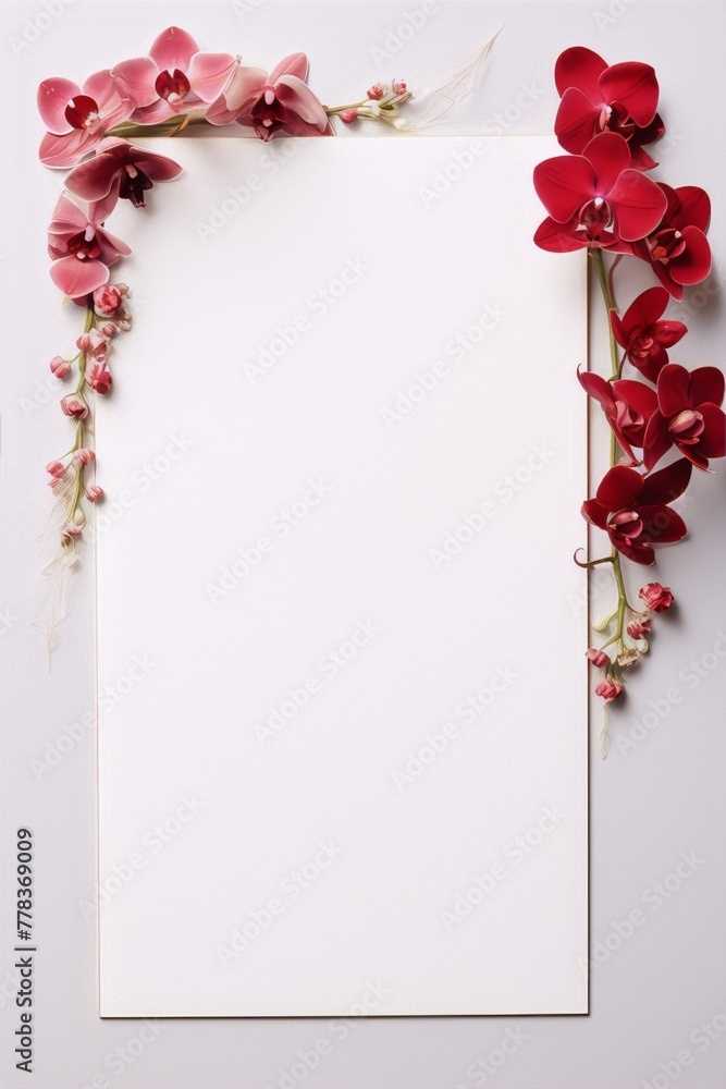 Pink and red orchids frame an empty card against a pale gray background ...