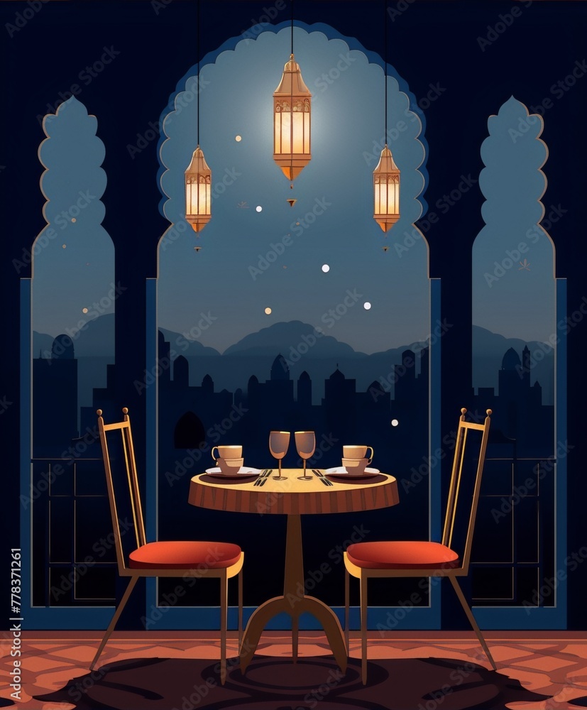 A middle-eastern style restaurant with blue walls and arched windows ...
