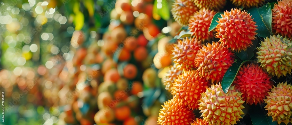 A group of fruits dangling from a tree beside a cluster of other fruits ...