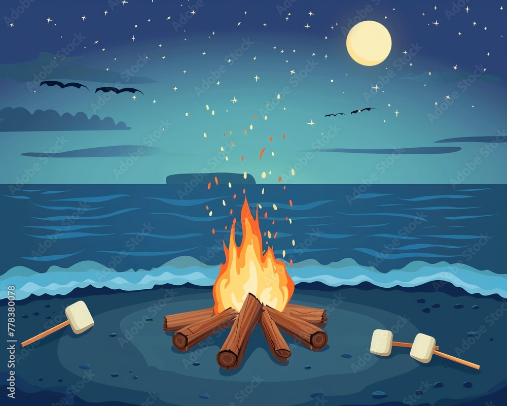 Beach bonfire clipart with roasting marshmallows. Stock Illustration ...
