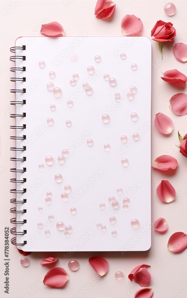 Open spiral notebook with blank page and scattered pink rose petals and ...