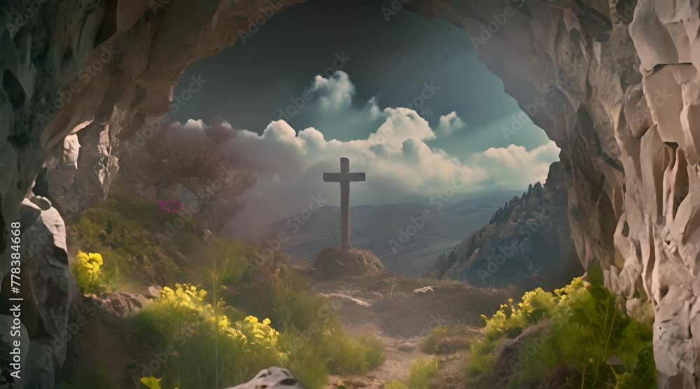 Sunrise at the Cave Entrance with a View of the Cross. A serene sunrise ...