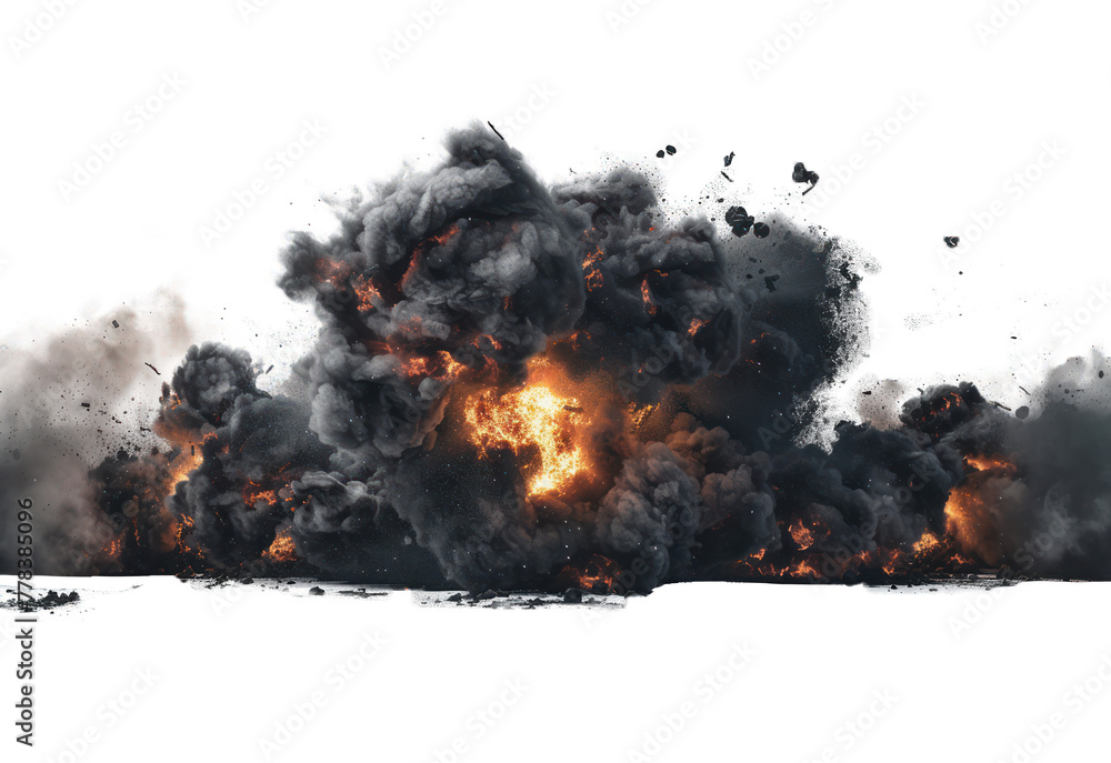 Bomb explosion with fire flames and black smoke on isolated on ...