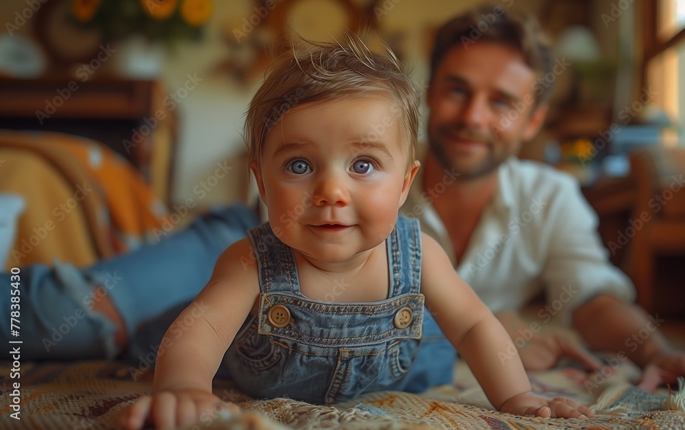 Adorable baby boy in overalls stands, reaches for sitting father ...