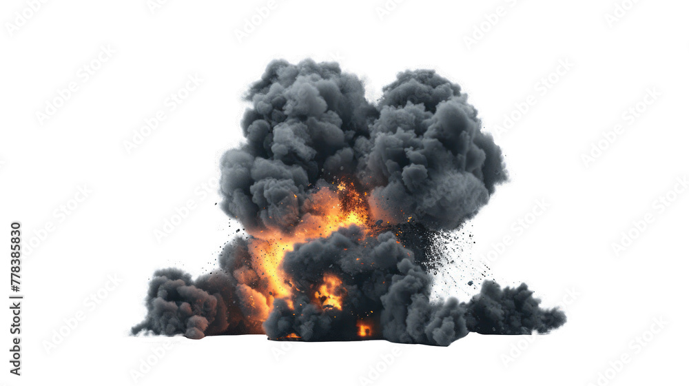 Bomb explosion with fire flames and black smoke on isolated on ...