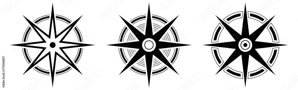 Compass icon set. Map symbols. Black vector compass icons illustration ...