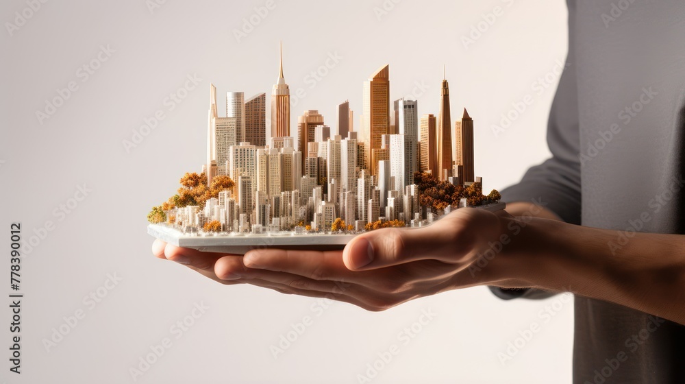 an architect on a beige background holds in his hands a model and ...
