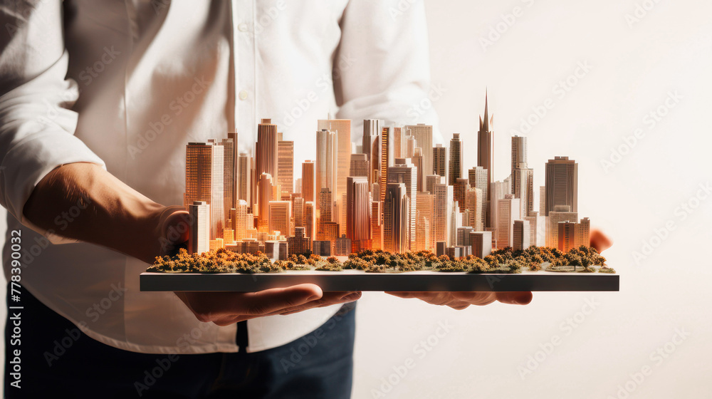 an architect on a beige background holds in his hands a model and ...