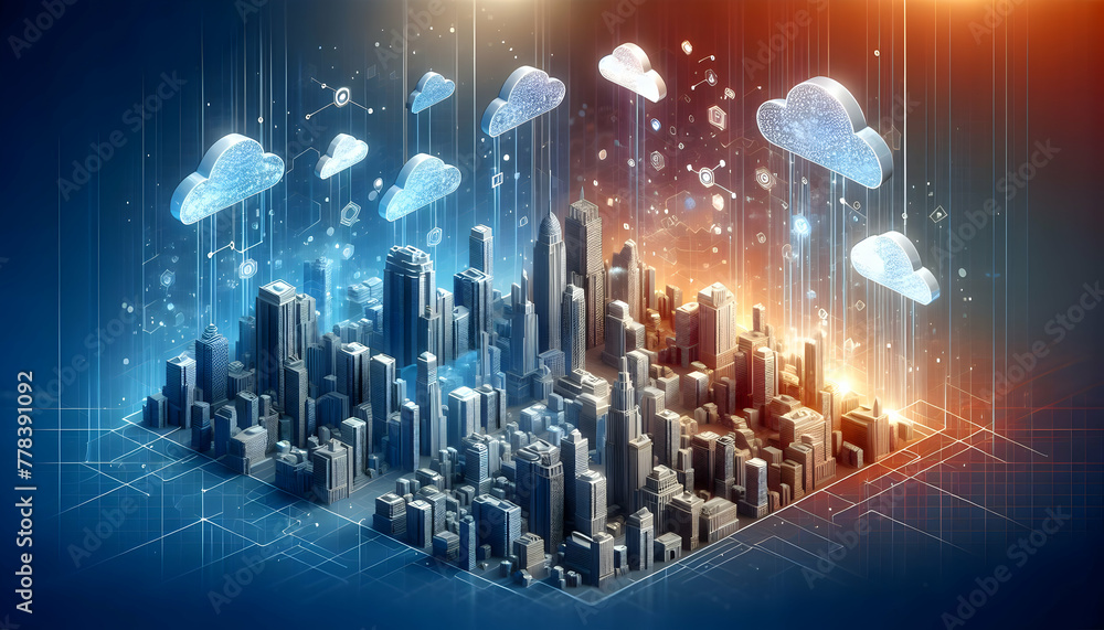 for advertisement and banner as Digital Skyline Digital skyline with cloud elements symbolizing ...