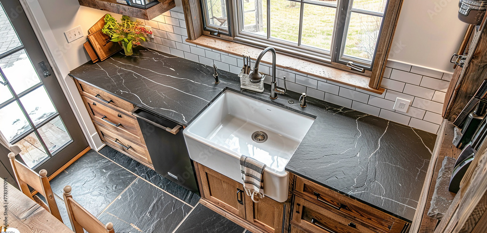 A birds-eye view of a kitchen with soapstone countertops framing a ...