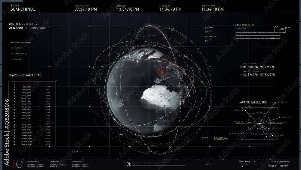 Futuristic Scanning Interface Connects To Three Satellites Showing Live ...