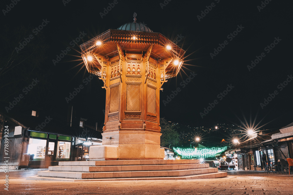 Poster historic streets of Sarajevo's Bascarsija district at night ...
