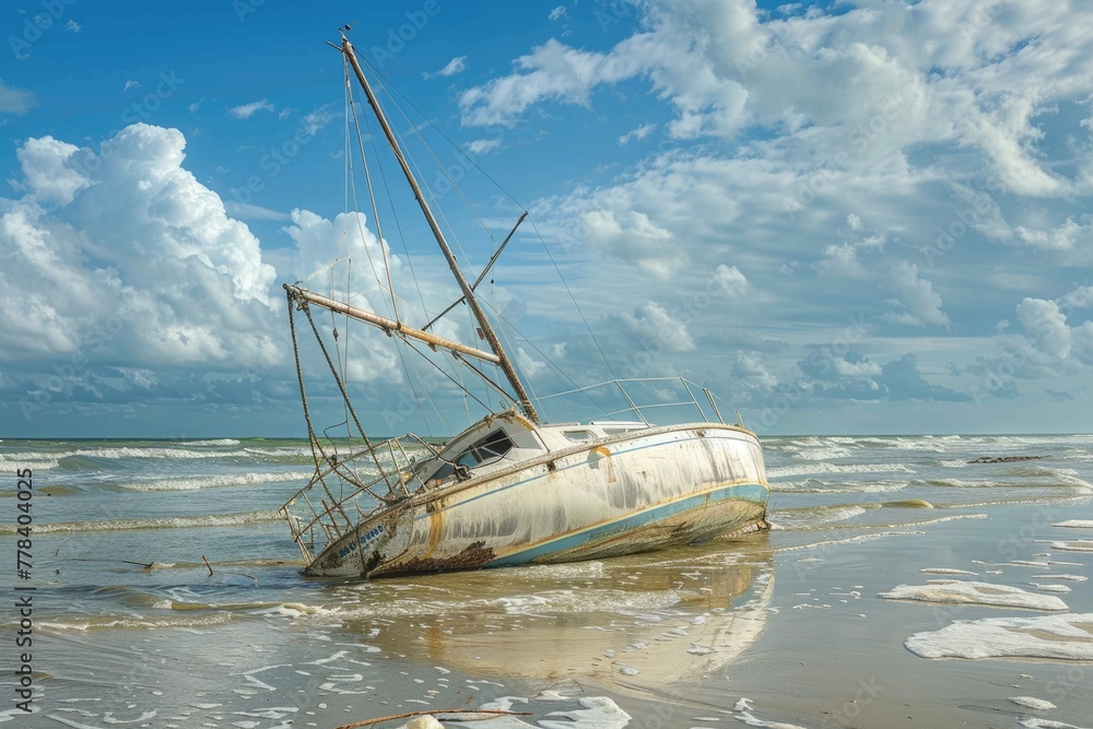 Boat Wreck on the Beach: A Stranded Sailboat Aground. Destroyed and ...
