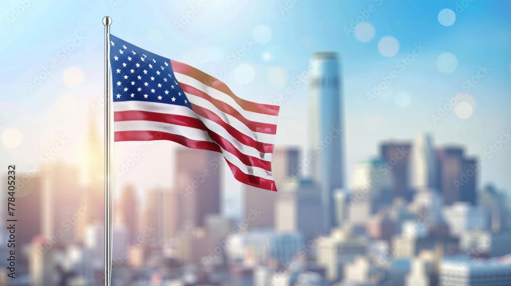 Banner with USA flag, standing on blurred background with city ...
