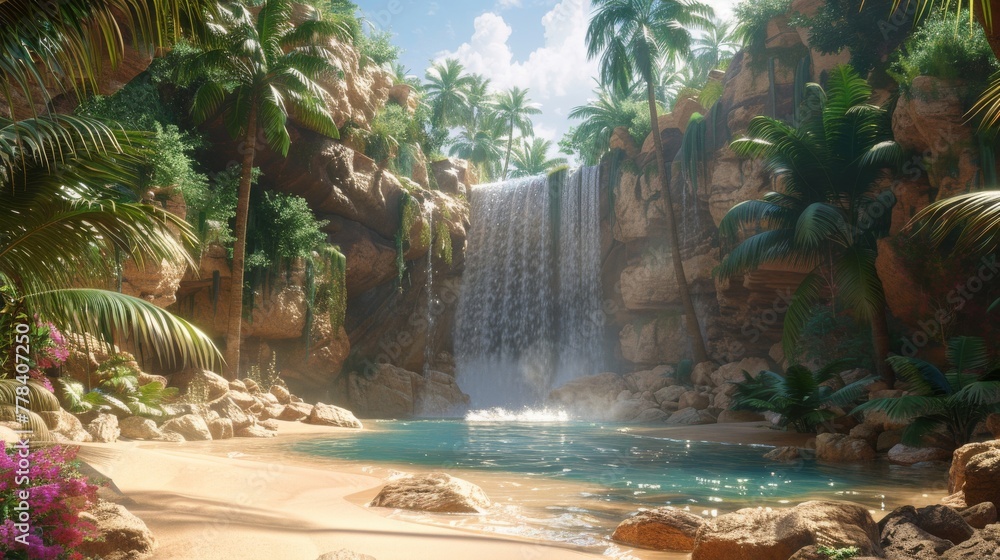 .Desert Oasis with Virtual Waterfalls. - A serene oasis in the desert ...