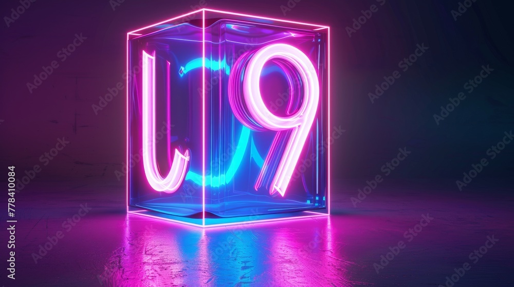 This is a 3D rendering of a pink blue neon number nine which glows in ...