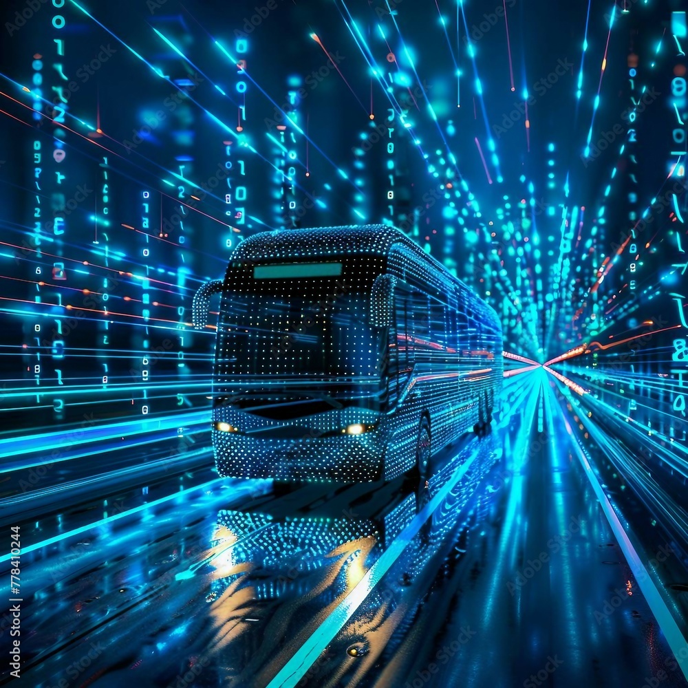 Digital Smart Bus With Glowing Data Streams Artificial Intelligence In Public Transportation