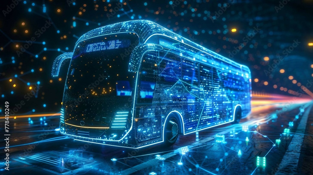 digital smart bus with glowing data streams , artificial intelligence in public transportation ...