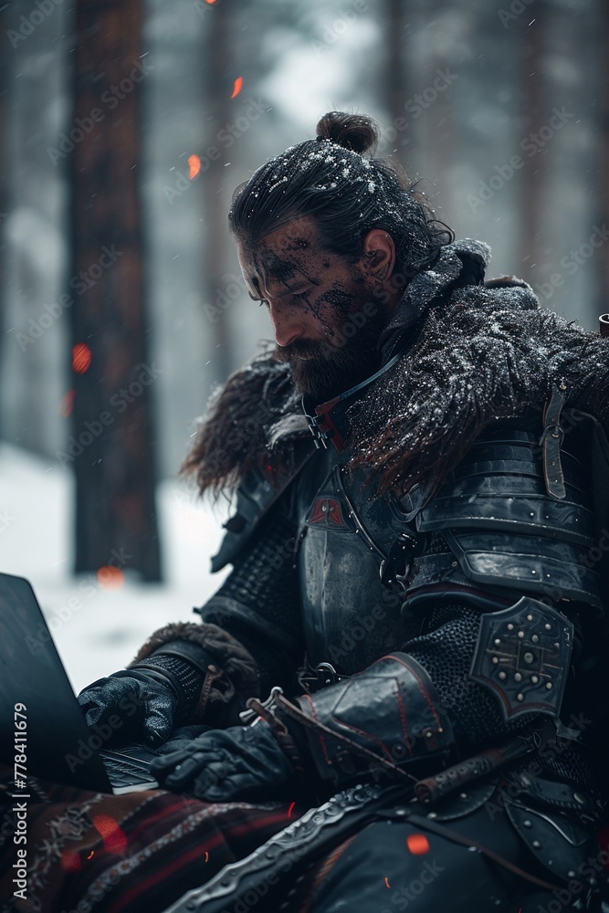 Gallant knight with laptop, ancient sword beside, focused, serene ...