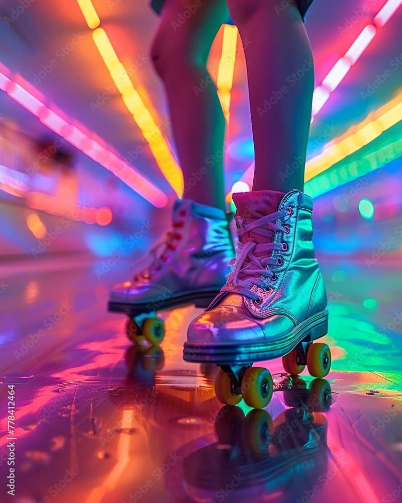 Lime green tape, roller skate rink, fluorescent lights, dynamic, vivid ...