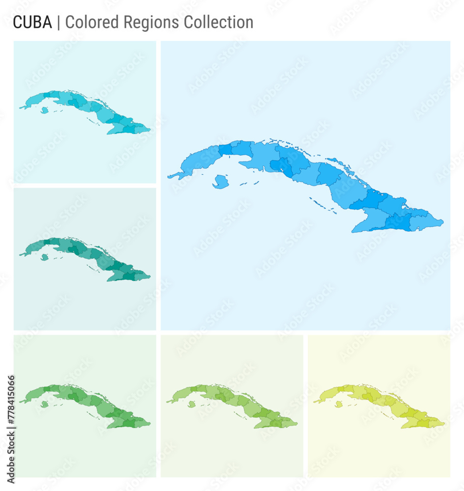 Cuba map collection. Country shape with colored regions. Light Blue ...